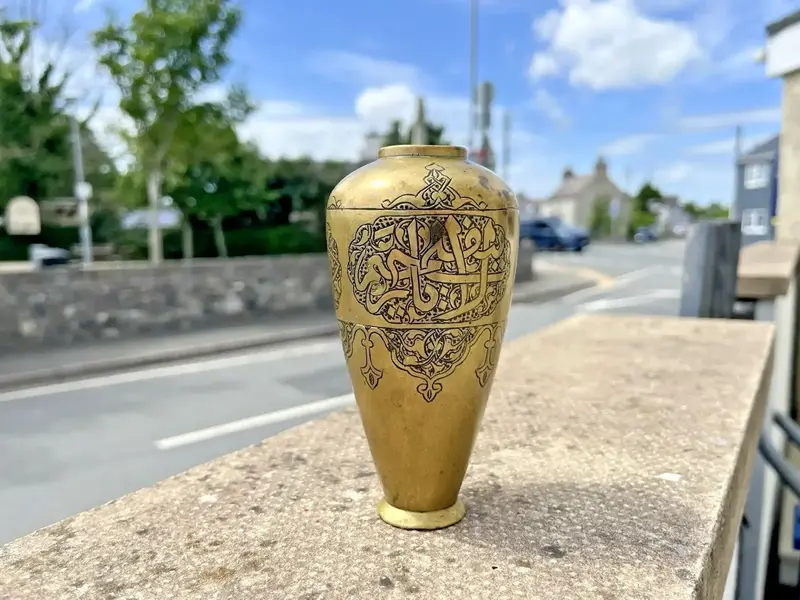 Antique Art Deco Jewish Eastern Brass Etched Floral Mantel Vase Alfred ...