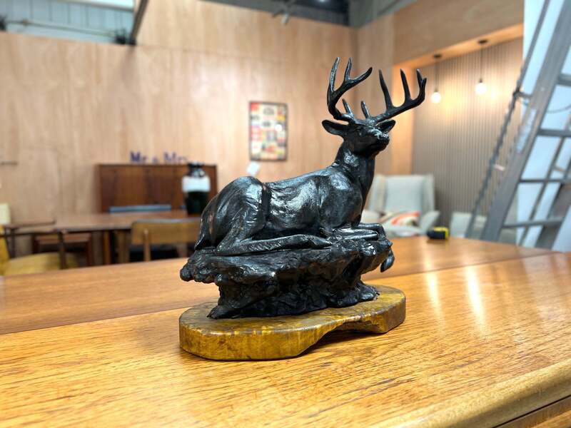 Cast Iron Sculpture Of A Led Stag On Oak Base | Vinterior