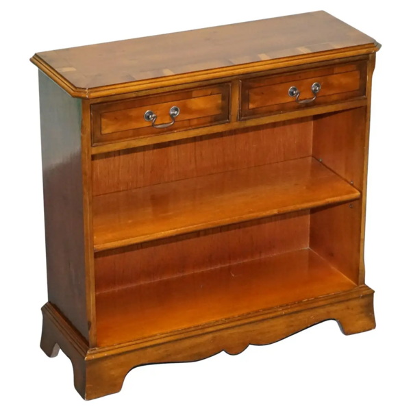 Vintage Burr Yew Wood Open Dwarf Library Bookcase With Two Drawers ...