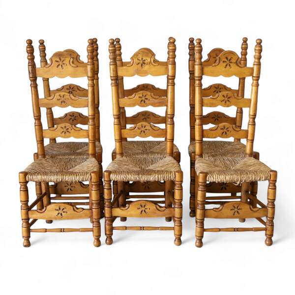 Set Of 6 Spanish Country Style Carved Ladder Back Dining Chairs | Vinterior
