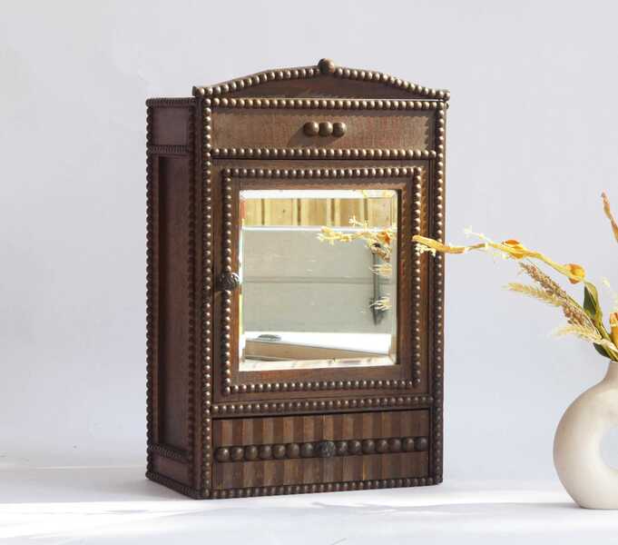 Antique Small Wooden Wall Cabinet With Beveled Mirror And Wooden Knobs ...