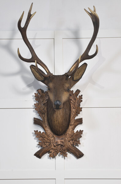 Large Carved Polychrome Decorated Stags Head | Vinterior