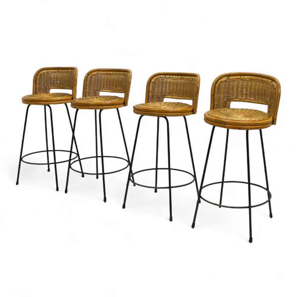 Set Of Four Mid‑Century Rattan Bar Stools In The Manner Of Seng Of ...
