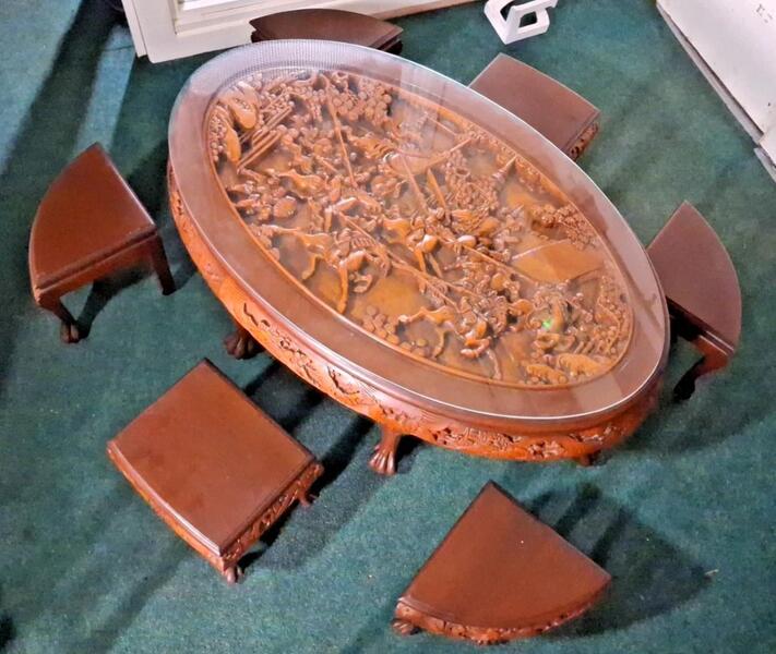 Asian Carved Hardwood Coffee Table With 6 Nesting Stools Glass Top ...