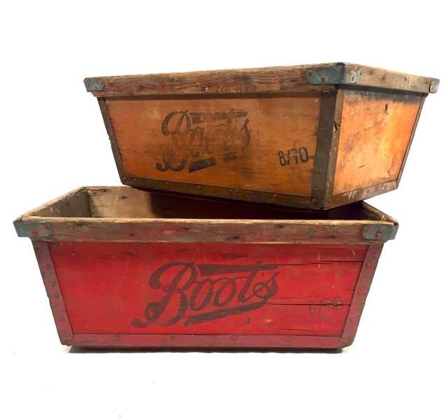 Antique Advertising Pair Of Boots Pharmacy Wooden Storage Shop Crates C ...