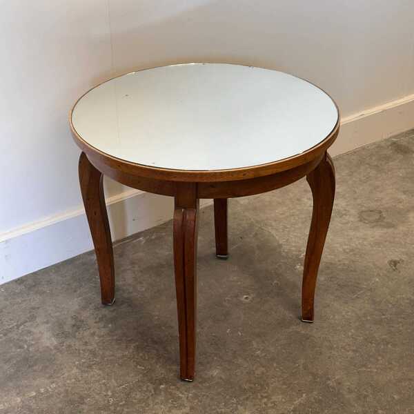 French Art Deco Side Table, 1930s Vintage Round Wooden Table With Mirrored Top, Antique Cabriole ...