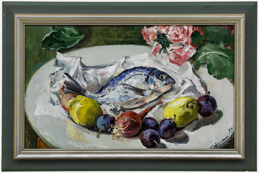 Framed Contemporary Oil Still Life With Fish & Fruit | Vinterior