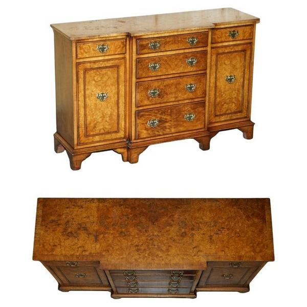 Vintage Burr & Burl Walnut Library Bookcase Breakfront Sideboard With ...