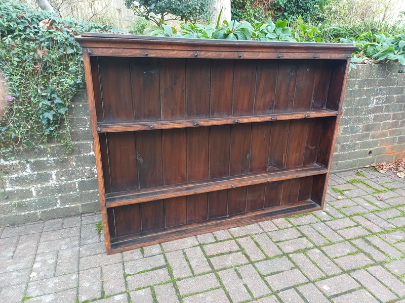 Antique Victorian Plate Rack, Pine & Oak Wall Shelf With Brass Hooks ...