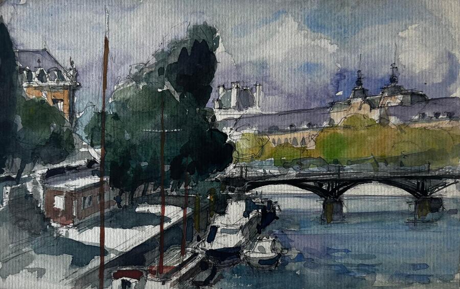 Pierre Neveuparis River Seine Bridge And Boats French Watercolour ...