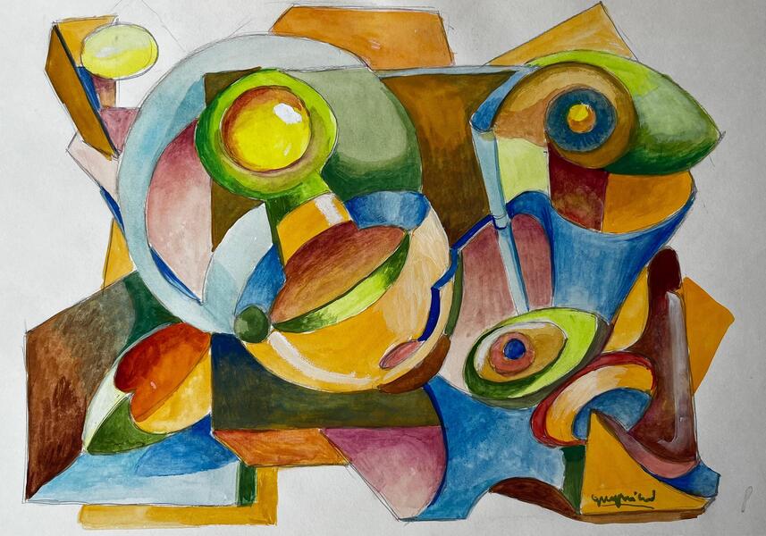 Guy Nicodabstract Cubist Still Life With Geometric Forms French Gouache ...