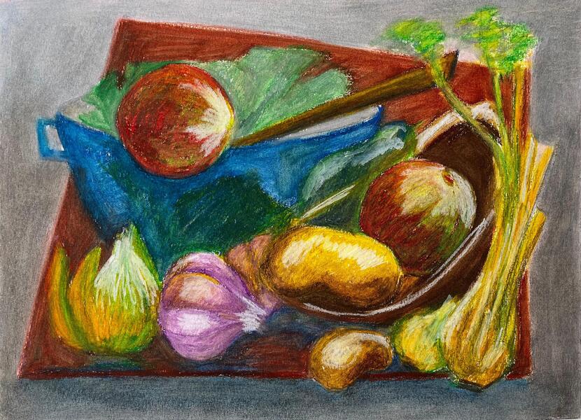 Guy Nicodstill Life With Vegetables French Modernist Oil Pastel Drawing ...