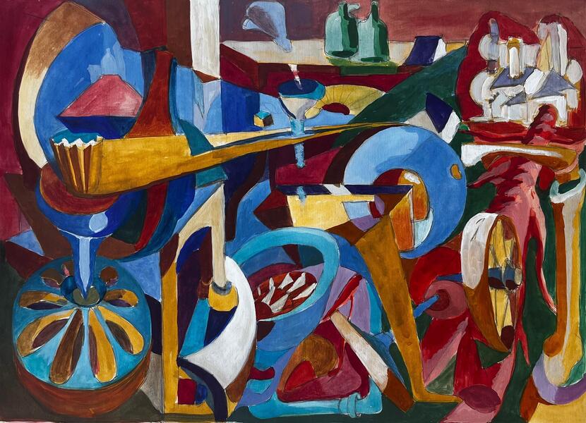Guy Nicodcubist Gouache Still Life With Bottles Glasses Table And ...