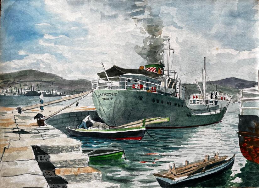 John Steane (B.1931)steamship Amazzone Harbour Scene Muggia Italy 1950 ...