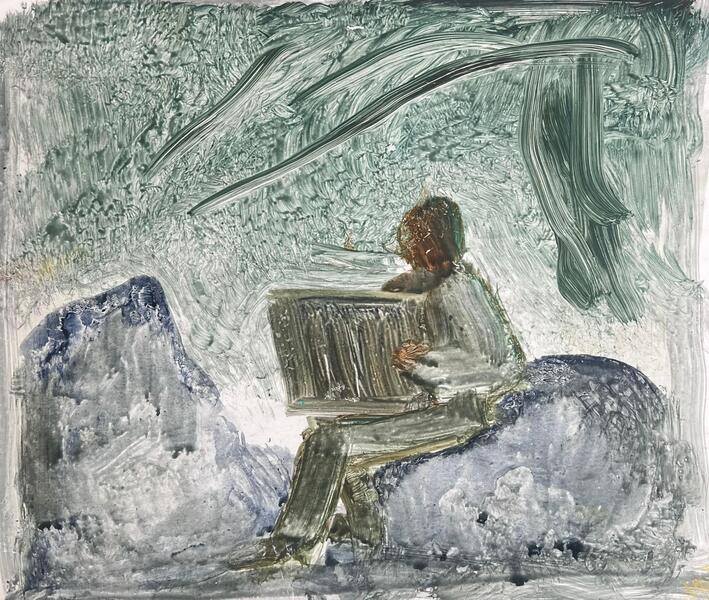 Robert Ladou Figure Holding A Box Sat On The Mountain Rocks Original ...