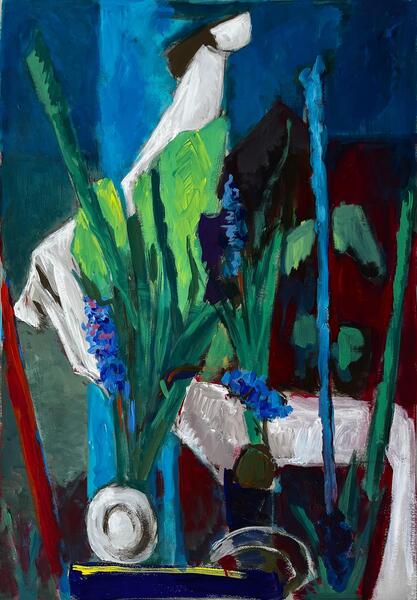 Guy Nicod Still Life With Blue Flowers And Green Drapery French Modern ...