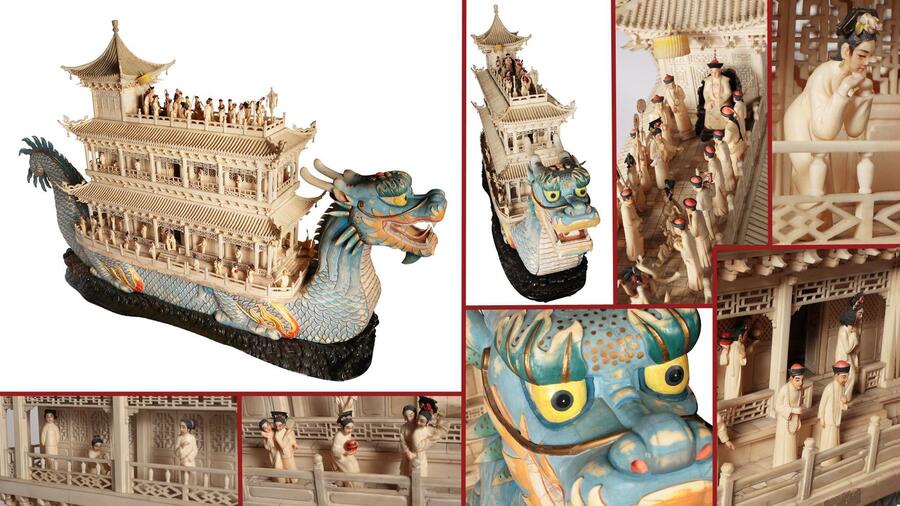 Hand Carved Chinese Dragon Boat Imperial Ship Bone Carving Antique ...
