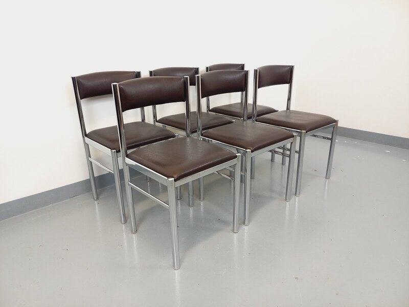 6 1970s Chairs In Chromed Metal And Brown Imitation Leather | Vinterior