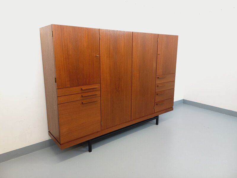 Modernist Scandinavian Tall Sideboard In Teak And Black Metal | Vinterior