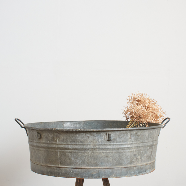Large Round Vintage Galvanised Zinc Bath Garden Planter K | Vinterior