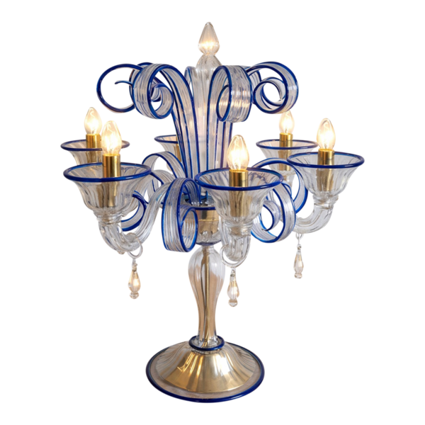 Table Lamp Murano Glass 5 Arms In Clear And Blue | Vinterior