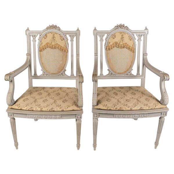 Pair Of Louis XVI Style Armchairs, Painted Carved Wood And Caning, 19th ...