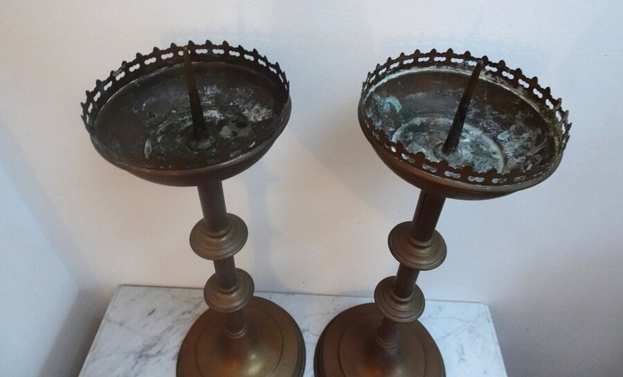 Antique Brass Gothic Church Altar Candlesticks, 1890s, Set Of 2 | Vinterior