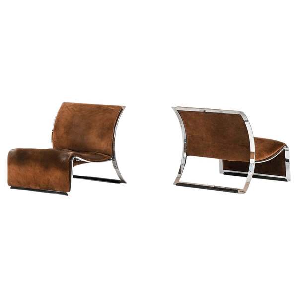 Pair Of Easy Chairs In Chromed Steel And Suede By Introini Vittorio ...