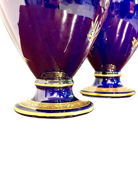 Rare Pair Of Cobalt Blue & Gilt Amphora Vases By Jaget & Pinon, Tours C ...