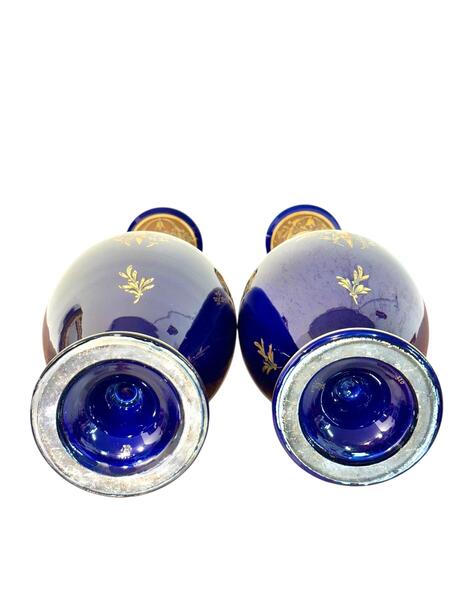 Rare Pair Of Cobalt Blue & Gilt Amphora Vases By Jaget & Pinon, Tours C ...