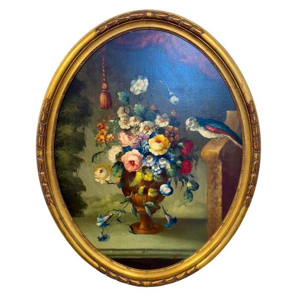 Floral Still Life With Parrot, Oval Oil On Panel, Signed, Late 19th C ...