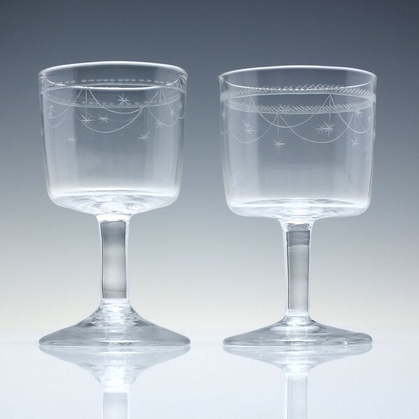 Pair Anglo Irish 18th Century Engraved Wine Glasses C1780 | Vinterior
