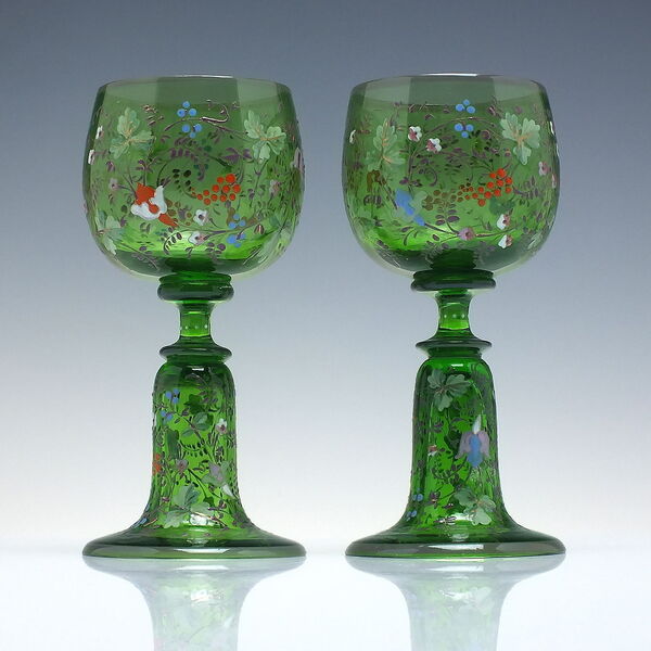 Pair Antique Moser Polychromatic Enamelled Wine Glasses C1880 | Vinterior