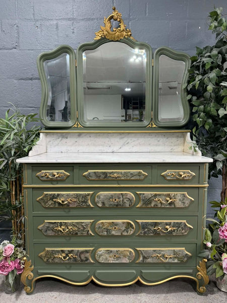 Antique French Louis XV Chest Of Drawers With 3 Way Mirror & Marble Top ...