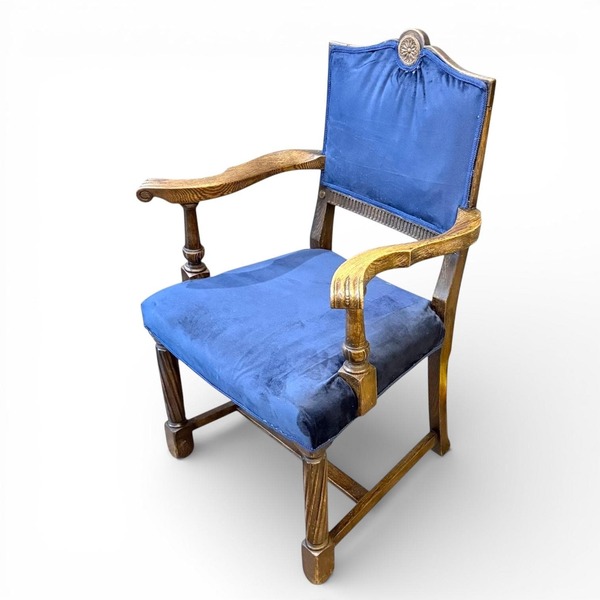 Antique Oak Armchair With Blue Velvet Upholstery – Carved Crest ...