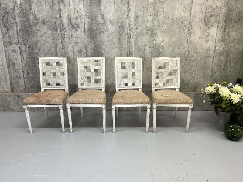 Set Of Four White Shabby Chic Cane Dining Chairs To Reupholster | Vinterior