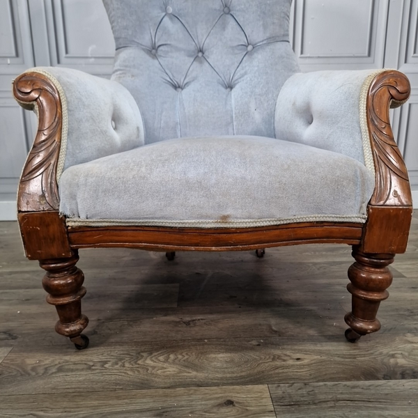 Antique Victorian Armchair – Deep Button Back – Carved Scroll Arms ...