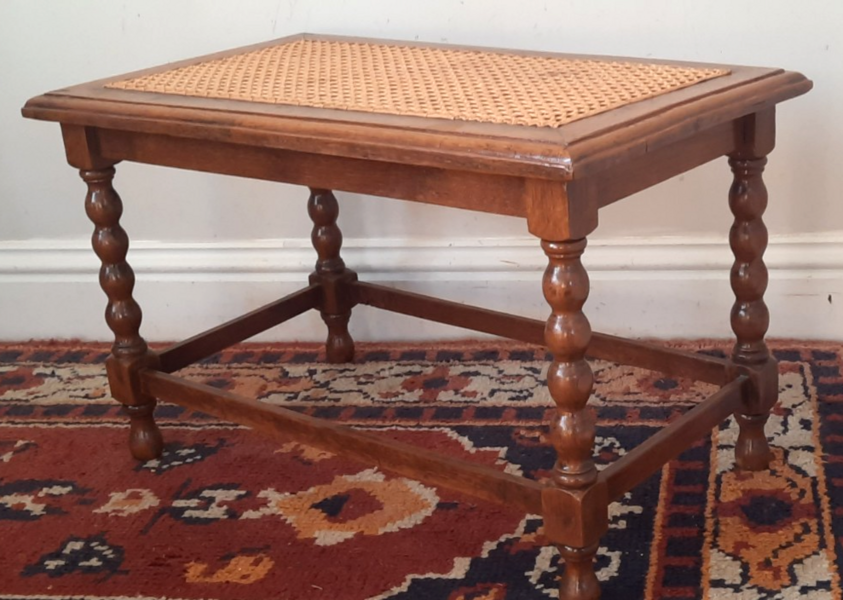 Vintage Oak Duet Bench Stool With Bobble Turned Legs Woven Cane Rattan ...