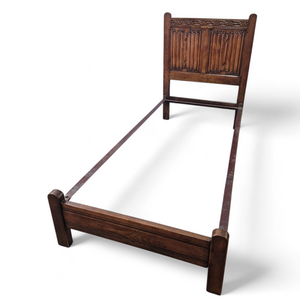Oak Single Bed Frame Carved Linenfold Antique Style Heavy Solid Wood ...