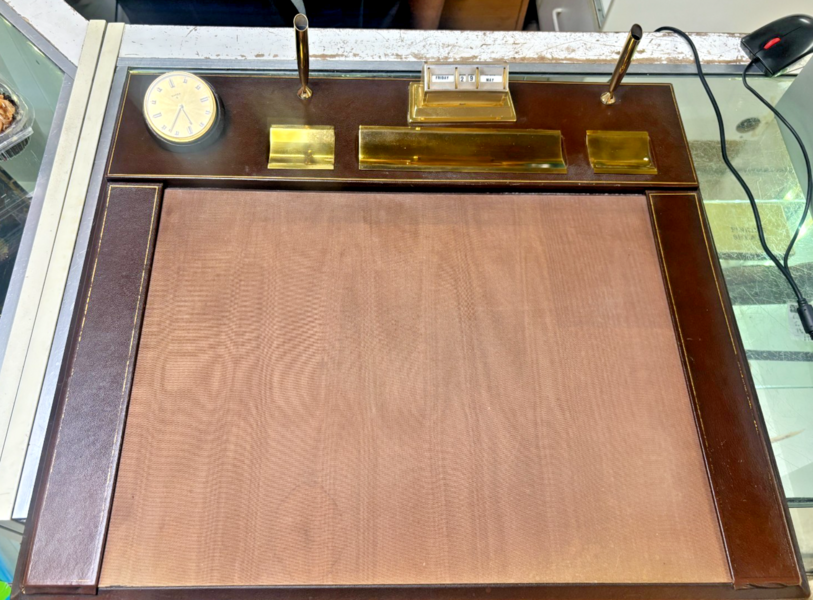 Mid Century Leather & Brass Executive Desk Organiser | Vinterior