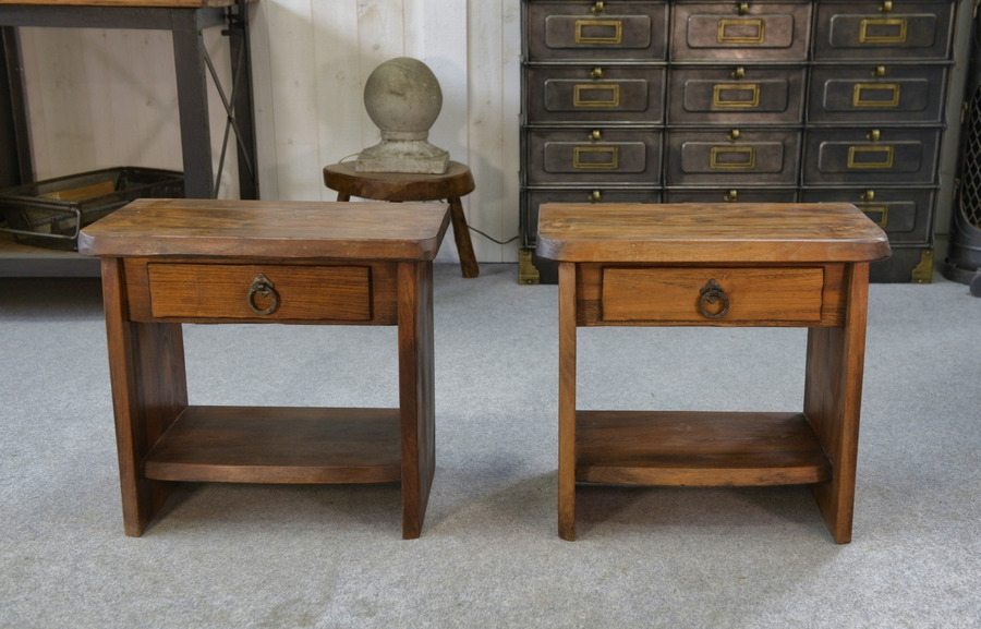 Pair Of Brutalist Solid Elm Bedsideboards By Aranjou 1960 | Vinterior
