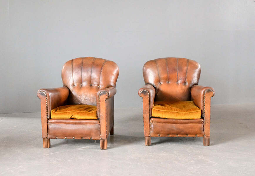 Pair Of French Art Deco Leather Armchairs Circa 1920s | Vinterior