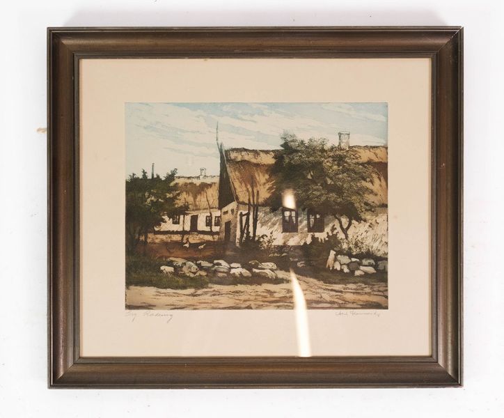 Drawing Of Thatched House With Unknown Signature And Dark Wooden Frame ...