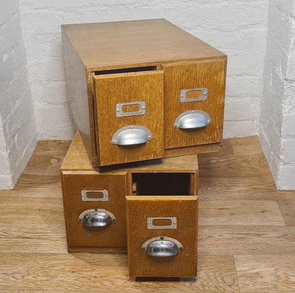 Vintage Mid Century Wooden Library Index Drawers | Vinterior